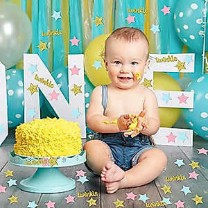 MIKIMIQI 250 Pieces Twinkle Star Glitter Confetti for Baby Shower, Gender Reveal Confetti Gold Blue Pink Stars Confetti Glittery Confetti for Gender Reveal Party Decorations Stars Birthday Party Supplies