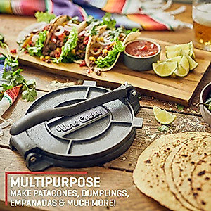 Uno Casa Cast Iron Tortilla Press - 8 Inch Tortilla Maker, Pre-Seasoned Roti Maker with 100 Pcs Parchment Paper, Heavy Duty Quesadilla Maker - Pataconera for Flour Tortilla, Tawa