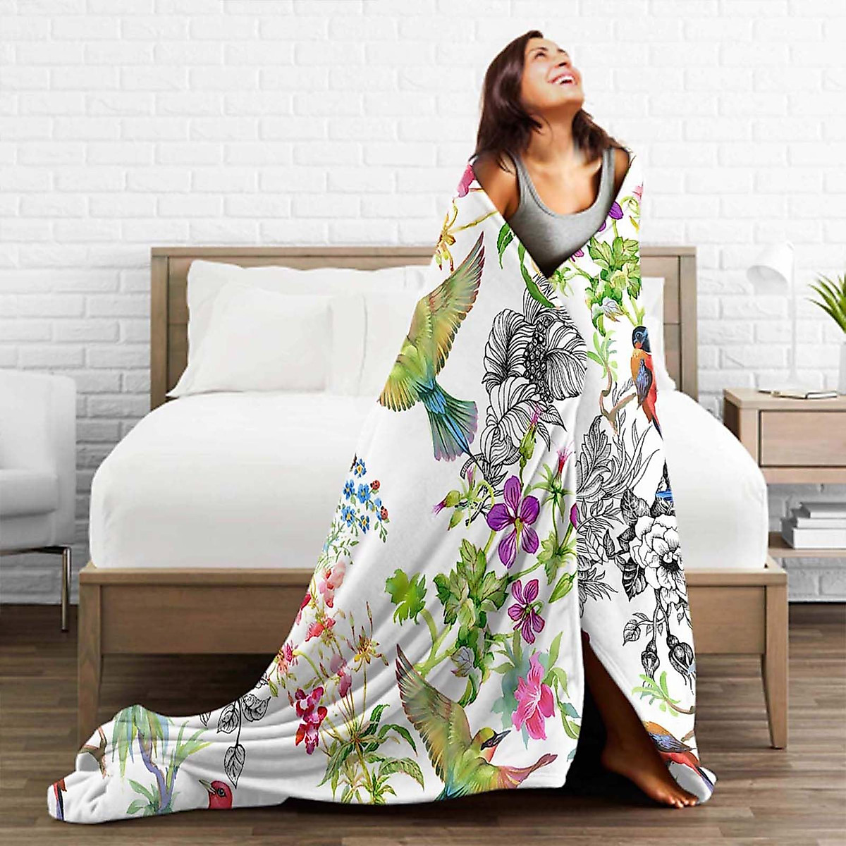 Throw Blanket 30x40 Inch,Green Leaves Flowers Colorful Birds Flannel Soft Cozy Fluffy Throw Blankets and Warm Throws for Adults in Couch Sofa Bed 40x30 Inch