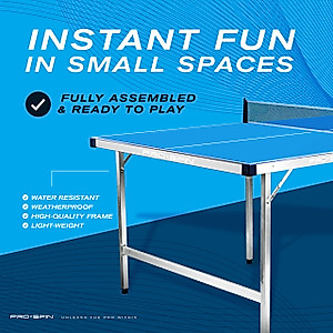 PRO-SPIN Midsize Ping Pong Table | Foldable | Complete Set with Premium Ping Pong Paddles & Balls | 100% Pre-Assembled | Portable Aluminum Table Tennis Table | Weatherproof Indoor/Outdoor Table Tennis