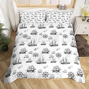 Feelyou Nautical Bedding Set Full Size Boat Print Comforter Cover Set for Kids Teens Adults Ancher Pattern Duvet Cover Ocean Themed Black White Bedspread Cover Room Decor 3Pcs with 2 Pillow Case