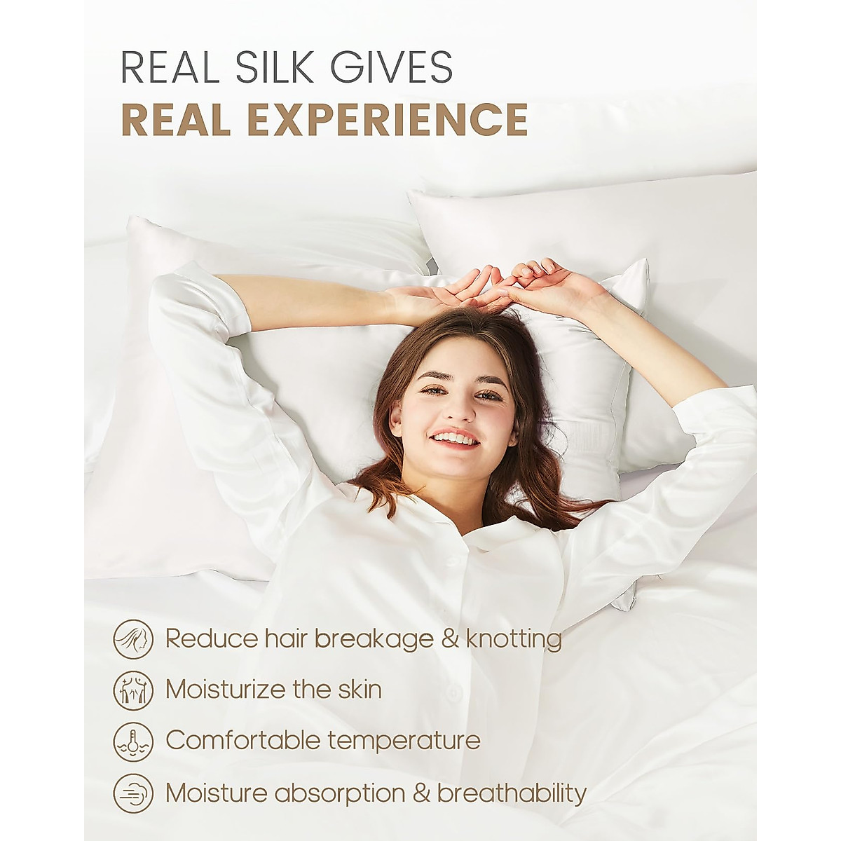 THXSILK 100% Silk Pillowcase for Hair and Skin, Both Sides Grade 6A+ Mulberry Silk Pillow Case with Hidden Zipper, Soft Smooth White Pillowcase(1pc, Queen Size 20"x30")