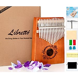 Libretto Kalimba Solid Wood Thumb Piano 17 Keys, Portable Mbira Finger Piano with Tune Hammer, Flannel Bag, Manual, Cleaning Cloth, Finger Covers, and Stickers, Great Gift for Kids and Adult Beginners