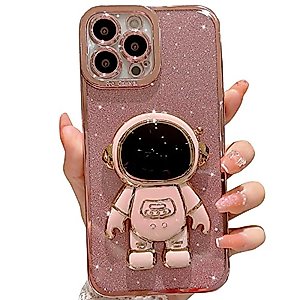 MGQILING Compatible for iPhone 12 Pro Max 6.7 Inch Bling Plating Astronaut Hidden Stand Case, Cute 6D Stand Glitter Phone Case for Women Girls Soft TPU Shockproof Back Cover - Pink