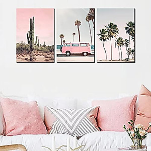 Tucocoo Modern Pictures for Living Room Beach Palm Trees Paintings 3 Pieces Canvas Summer Pink Wall Art Saguaro Cacti Artwork Home Decor Giclee Wooden Framed Stretched Ready to Hang(42x20inch)