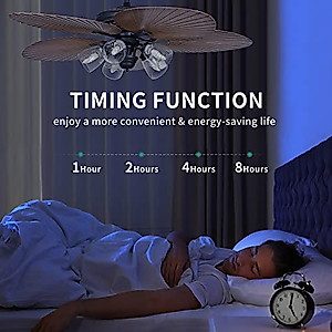 YITAHOME Tropical Ceiling Fans with Lights Remote, Wall Control Switch, 52 Inch Palm Leaf Fanlight with Clear Seeded Glass Light Kit, 3 Speed, 4 Timer, Silent Reversible Motor, Sandstone and Black