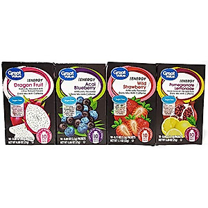 Great Value Energy Drink Mix Variety Bundle, 0.88-1.13 oz box with 10 Drink Packets (Pack of 4) includes 1-Box Blueberry Acai + 1-Box Wild Strawberry + 1-Box Dragon Fruit + 1-Box Pomegranate Lemonade