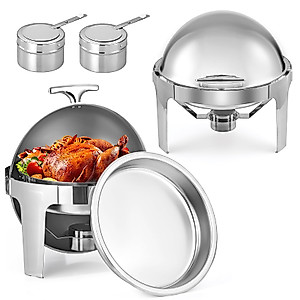 Fashionwu 6.8 QT Round Roll Top Chafing Dish Buffet Set, Round Chafing Dishes for Buffet with Fuel Holders and Pan, Stainless Steel Chafers for Catering for Parties, Events