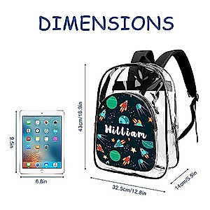 Ecautly Personalized Clear Backpack for Boys, Custom Rocket Pattern Clear Backpack with Name, PVC See Through Transparent for Boys School Waterproof Backpack, Back to School Gifts for Boys Kids