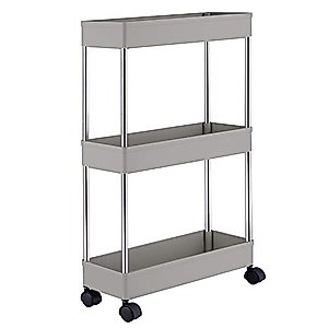 Slim Storage Cart,DLO 3 Tier Mobile Shelving Unit Organizer Slide Out Storage Rolling Utility Cart Tower Rack for Kitchen Bathroom Laundry Narrow Places,Gray
