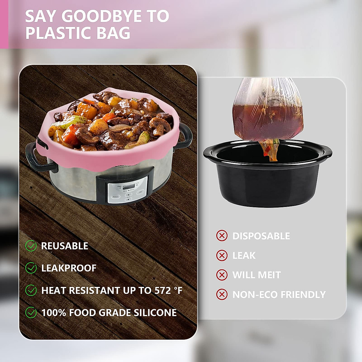 Xandz 3 Pack Silicone Slow Cooker Liners for Crockpot 6 Quart, Reusable Crock Pot Liners Dishwasher Safe Bags Liners Fit Oval Pot