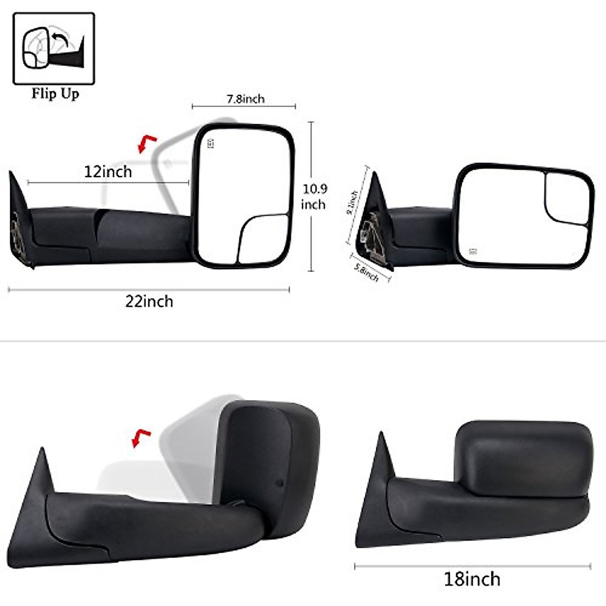 Perfit Zone TOWING MIRROR PAIR SET Replacement for 98-02 RAM 1500 2500 3500 Powered Heated Black