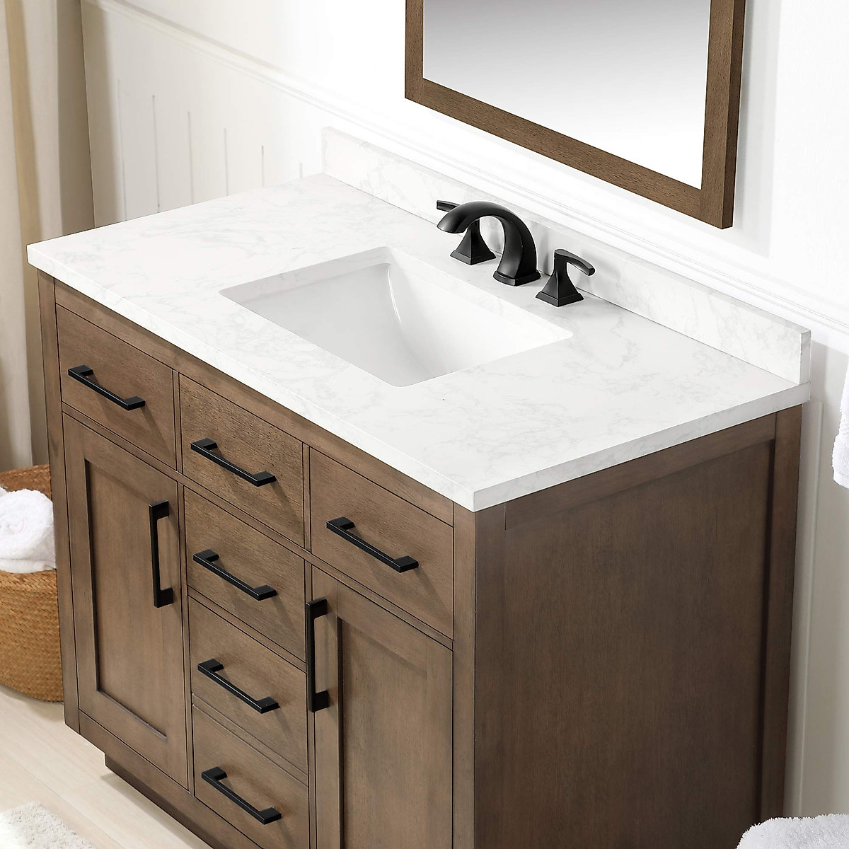 OVE Decors Maya Plus 42 in. Single Sink Bathroom Vanity in Almond Latte Finish, Black Hardware and Included Power Bar