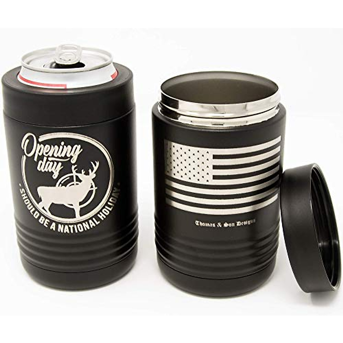 Thomas And Son - Cold Beverage Can Cooler - Engraved Open Season Hunting Can Holder - Double Wall Insulated Can Cozy Sleeve - Hunting Gifts For Men/Birthday Gifts For Men