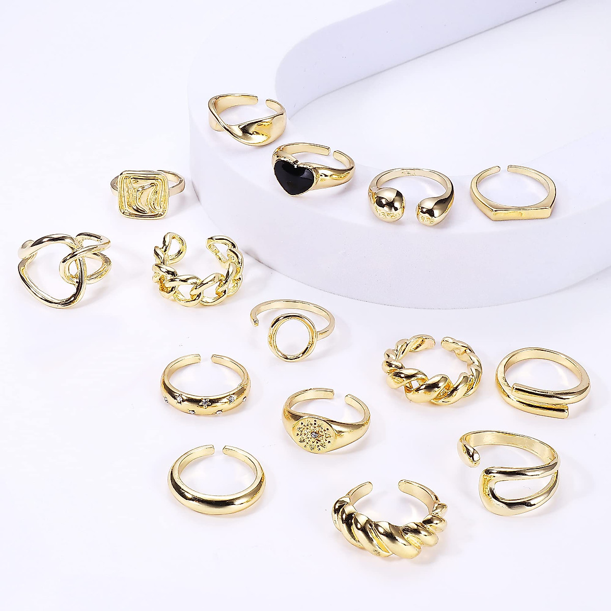 HAIAISO 16Pcs Gold Chunky Dome Ring Set for Women 18K Gold Plated Stackable Open Link Ring Trendy Braided Twisted Geometric Heart Signet Ring Adjustable Band Ring Minimalist Statement Over 3 Years Old