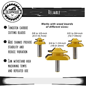 Deadwood Crafted Tools 45 Degree Locking Miter Bit Set - 3Pc 1/2in Wood Router Bits for 3/8 to 1-1/4in Wood Boards