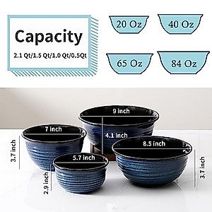 Hasense Ceramic Mixing Bowls Set, 20+40+65+84 Oz - 4PCS and Porcelain Salt and Pepper Shakers - 2PCS, Navy Blue