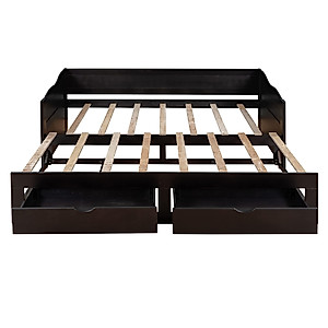 LERFAN Extending Daybed House Bed with Two Drawers and Trundle Bed, can be Expanded from Twin Size to King Size, No Box Spring Needed, 77.2" L x 76.4" W x 29" H Espresso