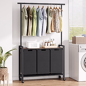 IDEALHOUSE Laundry Sorter, Rolling Laundry Hamper with Hanging Rack, Laundry Hamper 3-Section with Wheels, Hampers for Laundry, Laundry Basket Organizer for Laundry Room, Rustic Brown