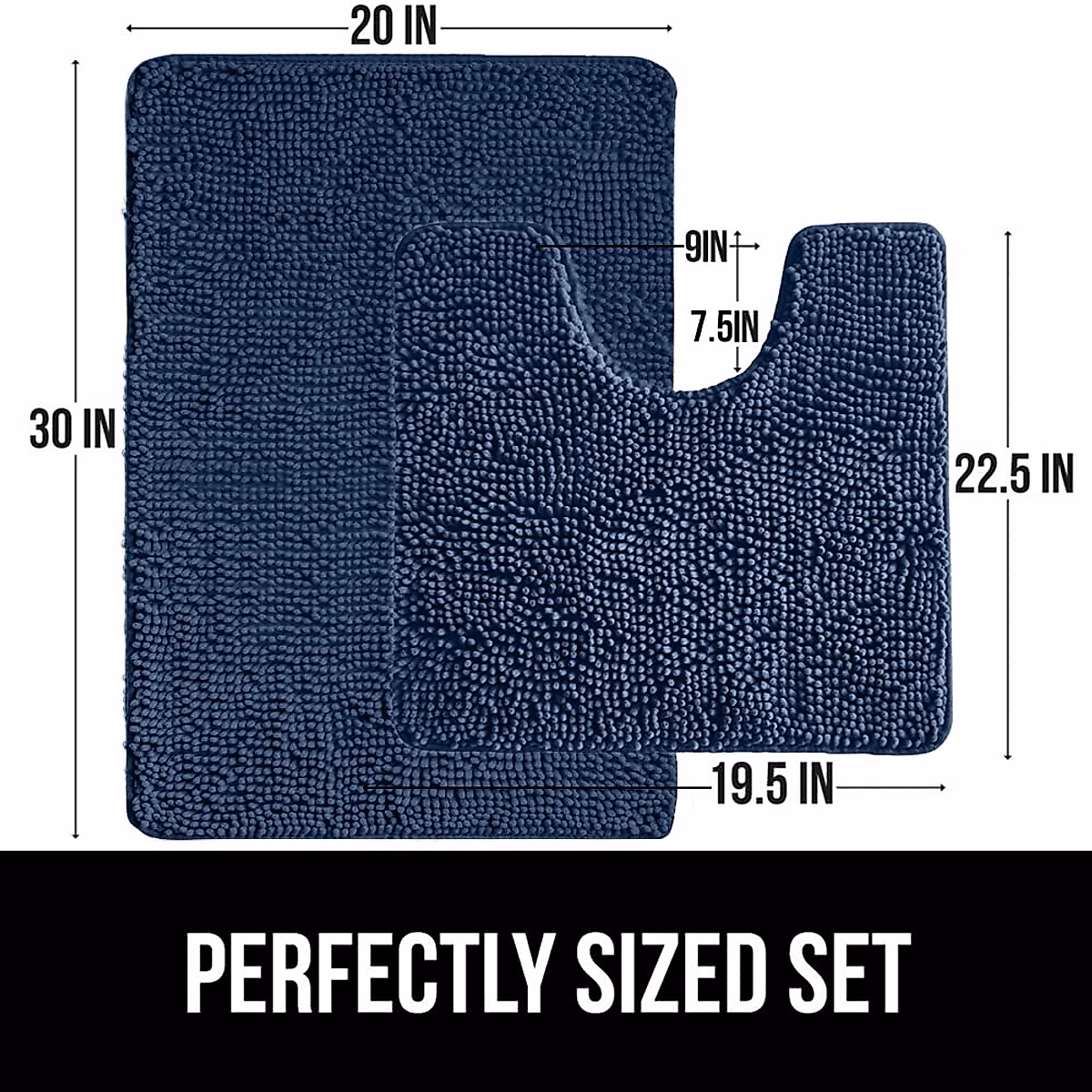 Gorilla Grip Bath Rug and Area Rug Set, Bath Rug Size 30 x 20 in, Shaggy Machine Washable Mats, Area Rug Set Size 22 x 19 x 15 in and 30x20, Absorbent Washable Mats, Both in Navy, 2 Item Bundle