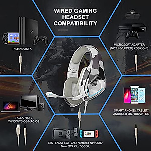 PS4 Headset with Stereo Sound, Gaming Headset for PC Xbox One PS5 Switch, H5 Over Ear Headphones with Noise Cancelling Mic, LED Light, Soft Memory Earmuffs for Laptop Tablet Phone NES Games (Camo)