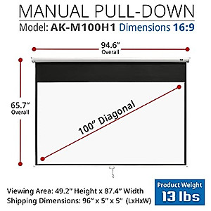 Akia Screens 100 inch Projector Screen Pull Down Manual B 16:9 8K 4K HD 3D Ceiling Wall Mount White Portable Projection Screen Retractable Auto Locking AK-M100H1 with 10 inch L-Bracket White AK-ZLB10W