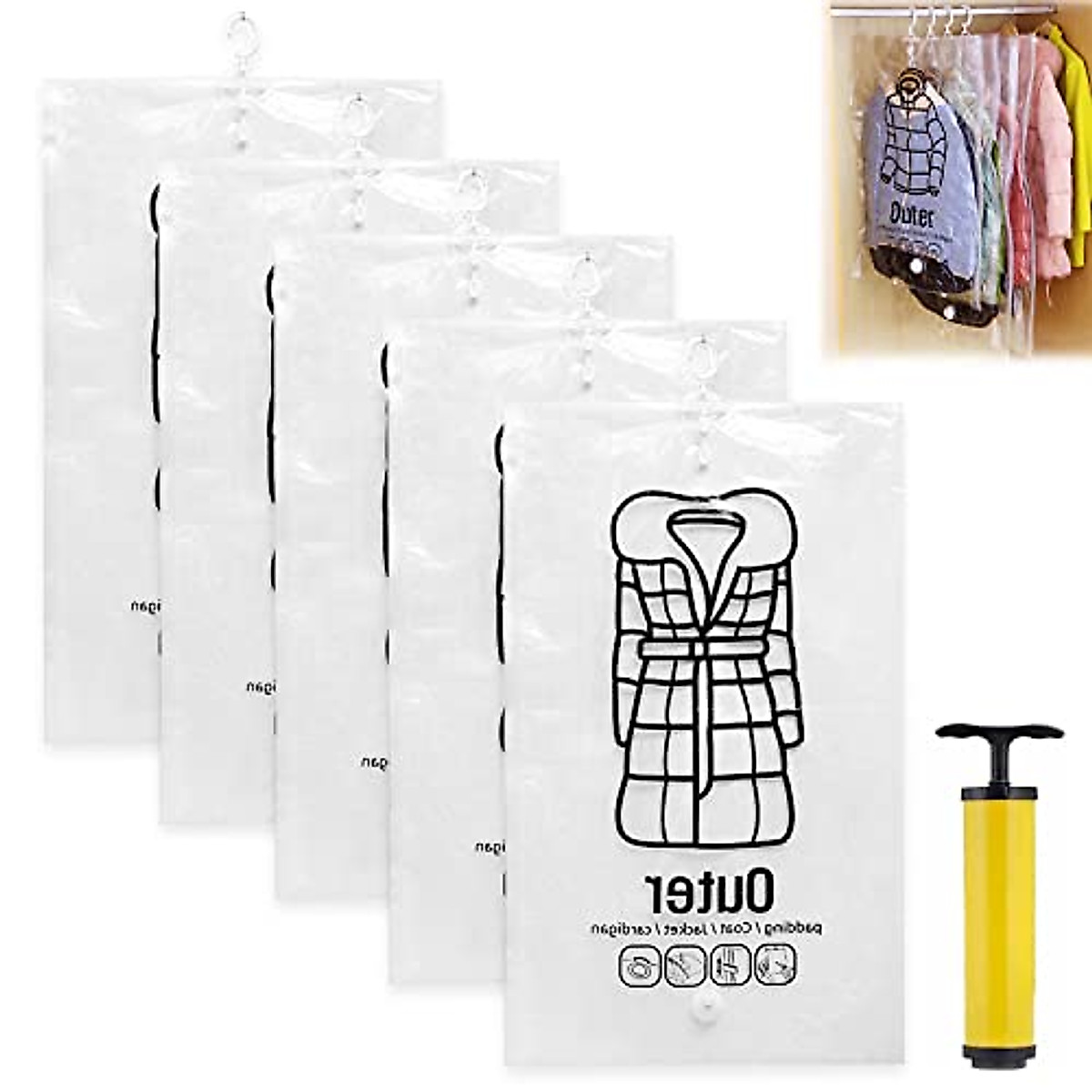HAGUAN Hanging Vacuum Storage Bags, Reusable Space Saver Vacuum Storage Bags for Clothes, Hanging Storage Bags Vacuum Sealed for Home and Closet Organization (5PCS,L (67 * 110cm))