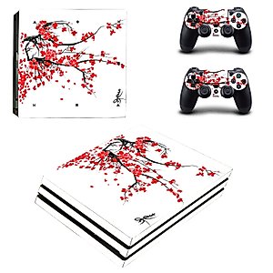Compatible with PS4 Pro Skin for Console and Controllers by ZOOMHITSKINS, Japanese Cherry Blossom Red Leave Sakura Leaf Flower, Durable, Made in The USA