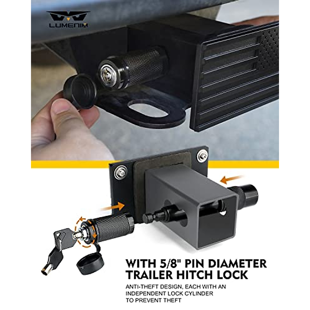 LUMENIX Aluminum Tow Trailer Hitch Cover Heavy Duty 2" Inch Receivers Plug Covers w/Locks, Black USA American U.S. Flag Metal Emblem Guard Compatible with Pickup Trucks Ford Toyota SUV