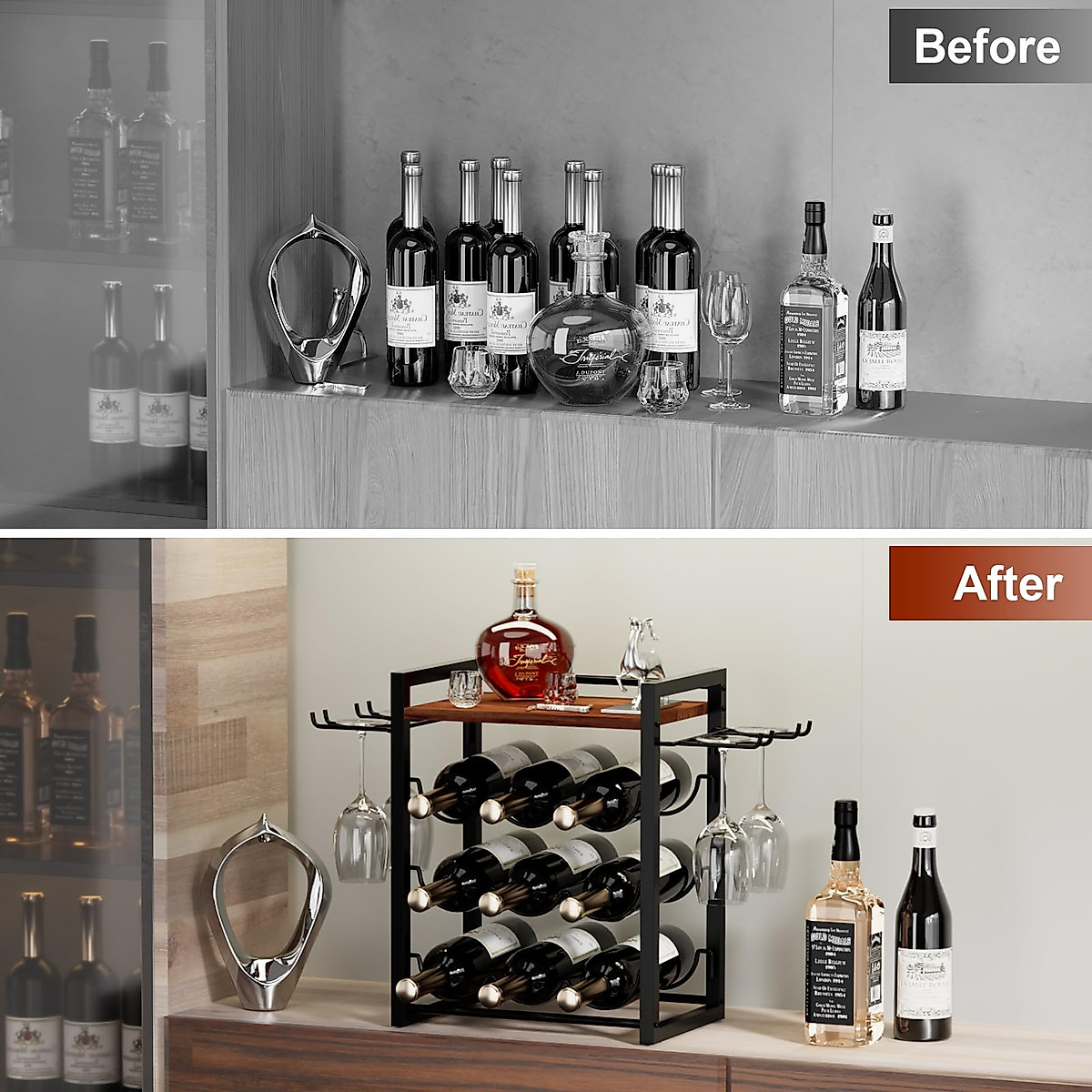 NANAGIFTREE Wine Rack Countertop, Wooden Wine Stand with Tray, Holds 9 Wine Bottles and 4 Glasses, Freestanding Wine Rack for Home, Kitchen, Bar, Wine Cellar