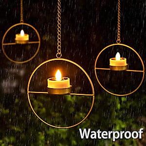 Solar Hanging Candle Lanterns Lights, ALL FORTUNE Outdoor Round Golden Metal Candle Lantern Holder with Flameless Tea Lights, Perfect for Garden, Backyard Decor, Home, Tree, Yard-Set of 3
