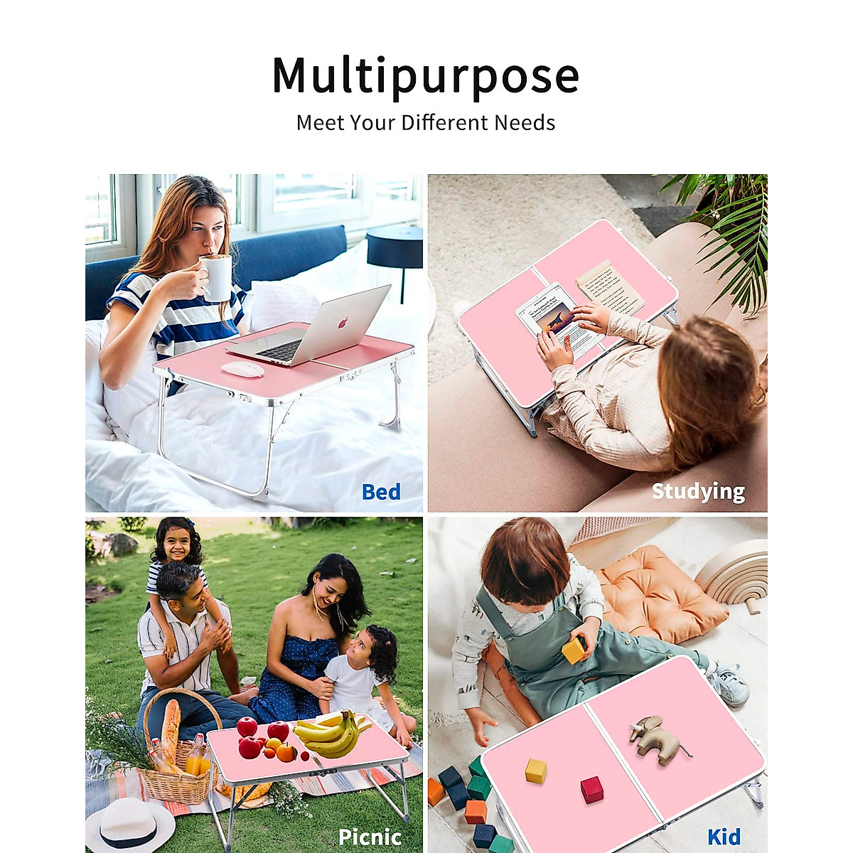 Foldable Laptop Desk, SUVANE Breakfast Serving Bed Tray, Portable Mini Picnic Table Storage Space Lap Desk Reading Holder(Pink)