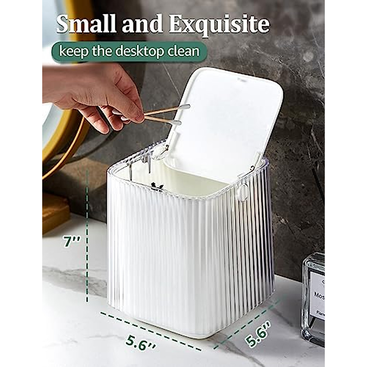 SUNTEREST Small Desktop Trash Can with Lid,Mini Garbage Can with Trash Bags,Modern Vanity Little Countertop Waste Bin,Press Type Tiny Table Trash Bucket for Bathroom,Kitchen,Bedroom,Office (White)