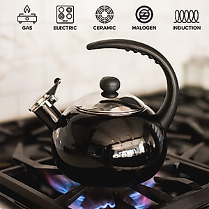 Farberware Luna Water Kettle, Whistling Tea Pot, Works For All Stovetops, Porcelain Enamel on Carbon Steel, BPA-Free, Rust-Proof, Stay Cool Handle, 2.5qt (10 Cups) Capacity (Black)