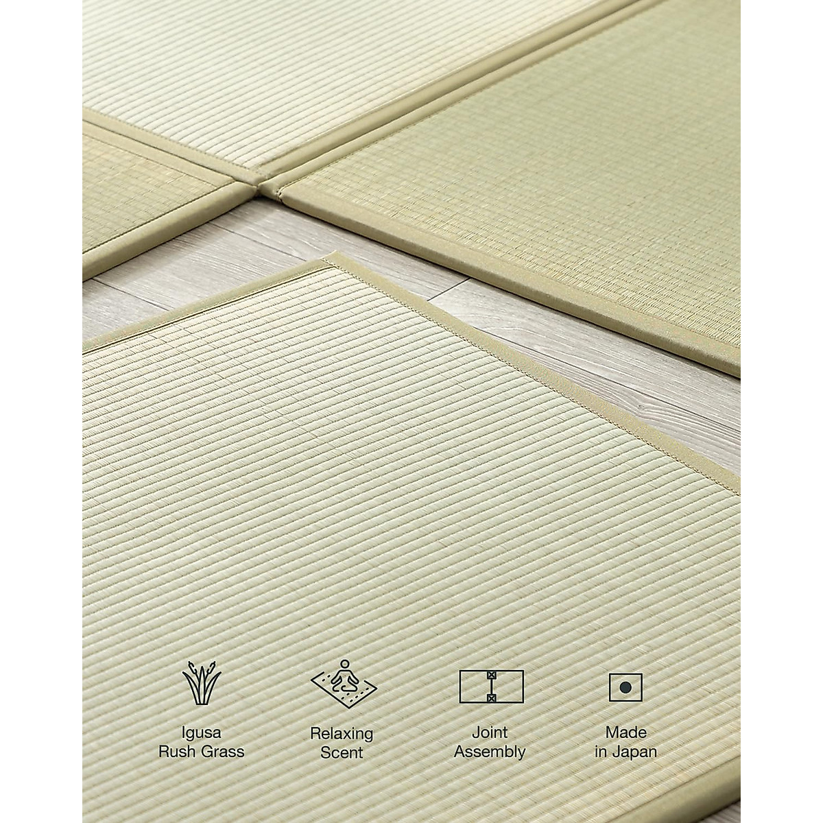 FULI Japanese Square Tatami Rug, Lightweight Igusa Mat (Japanese Rush Grass), Made in Japan (Natural, 4 Pieces)