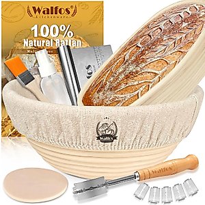Walfos Banneton Proofing Basket Set（9 pcs）-100% Natural Rattan Sourdough Bread Basket,10" Round & 9" Orval Proofing Basket,Includes Professional Baking Tools,Great for Home and Professional Bakers