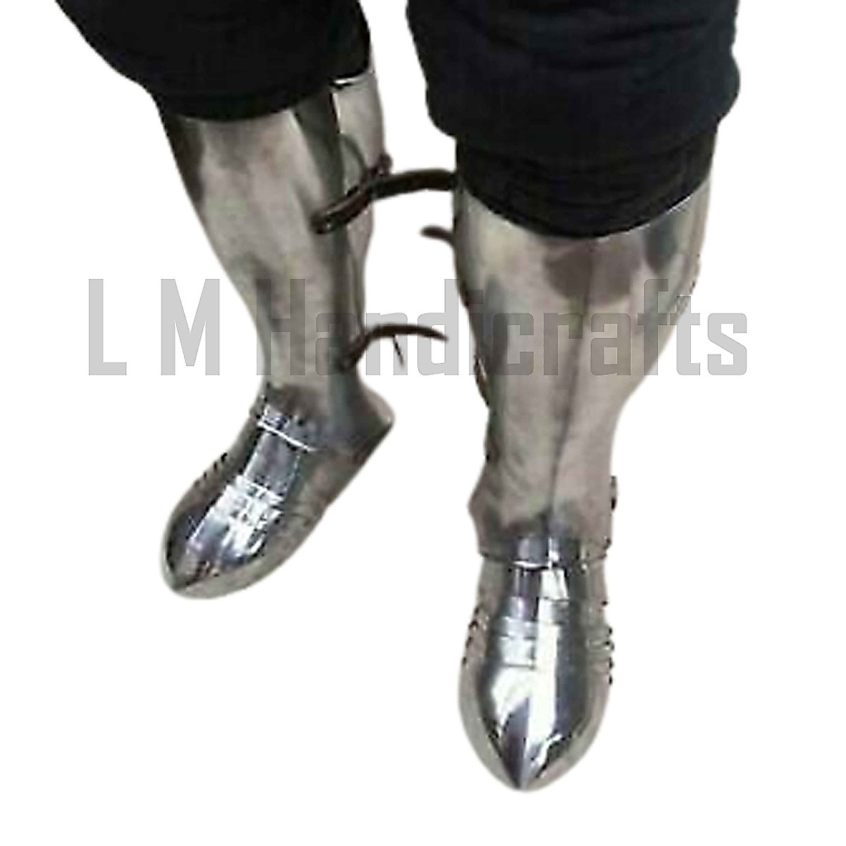 L M Handicrafts Medieval Armor Leg Greaves, Full Size Reproduction, 18 Gauge Mild Steel, Polished Finish, Some Assembly Required, Silver, Standard Size, Cosplay Party