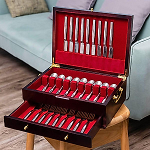 GENRICE Wooden Silverware Chest without Silverware Double-layer, Silverware Box Storage for Silver, Silverware Case with Handle and Felt Lined, Flatware Chest for 12 or 16 or more sets of Utensils