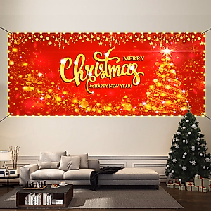 Trgowaul Christmas Garage Door Cover Banner Decoration with Light Large Red Xmas Garage Door Mural Christmas Tree Photography Background Party Supply Happy New Year Garage Door Christmas Decor7x16ft