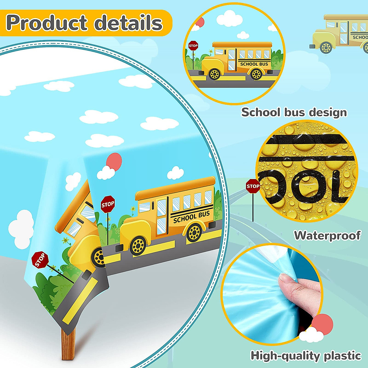 School Bus Tablecloth School Party Table Cover First Day of School Party Table Cloth School Table Cover Waterproof School Theme Table Covers for School Party, 51 x 87 Inch (2 Pieces)