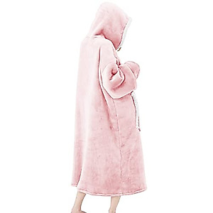 Wearable Blanket Hoodie Flannel Sherpa Fleece Blanket Sweatshirt for Adults Women Men Cozy Hooded Blanket with Hood PVC Pocket (Pink)
