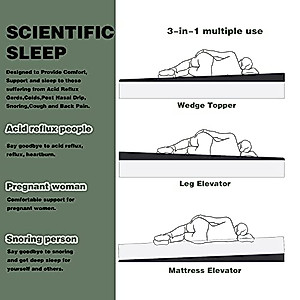 MeMoreCool 3 in 1 Bed Wedge Mattress Topper or Under Bed, 7 Inch Incline Mattress Elevator Base with Washable Knitted Cover, Ideal Wedge Mattress for Acid Reflux/Back Pain/Snoring, Grey, Queen