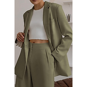 PRETTYGARDEN Women's 2024 Fall Two Piece Outfits Blazer Jacket and Wide Leg Pants Pockets Business Casual Suit Sets (Army Green,Large)