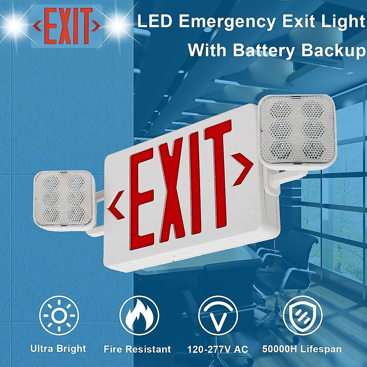 LED Exit Signs with Emergency Lights, Red LED Two Adjustable Head Emergency Exit Light with Backup Battery, AC 120V/277V, ABS Fire Resistant, UL Listed (1Pack)