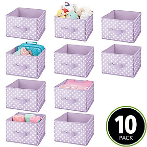 mDesign Fabric Bin for Cube Organizer - Foldable Storage Cube - Collapsible Closet Storage - Cloth Bin Box for Child/Kids Bedroom, Nursery, Toy Room - Polka Dot Print - 10 Pack - Light Purple/White