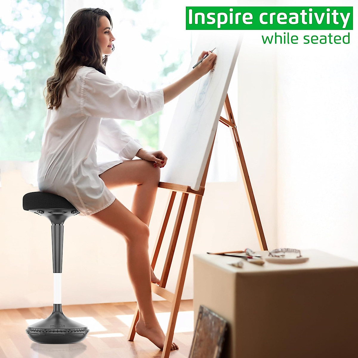 Wobble Stool Standing Desk Chair Ergonomic Tall Adjustable Height sit Stand-up Office Balance Drafting bar swiveling Leaning Perch Perching high swivels 360 Computer Adults Kids Active Sitting Black