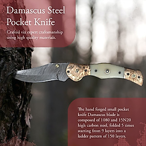 Morf Steelware Hand Forged Damascus Steel Folding Pocket Knife Camping & Survival Knife With Leather Sheath, Handmade Damascus Steel Hunting Knife for Men