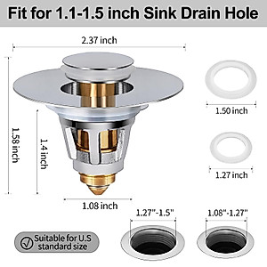 Hertone Universal Bathroom Sink Stopper, for 1.08-1.5 Inch Sink Drain Hole, High-Grade Pop Up Sink Drain Strainer Plug, Anti-Clog, with Hair Catcher Filter Basket, All Brass Metal, Polished Chrome