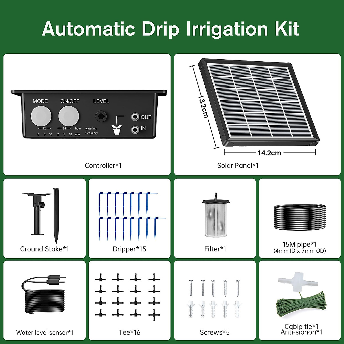 NFESOLAR Solar Drip Irrigation System Outdoor with 2200mAh Battery Backup, 6 Timing Modes, Supported 15 Pots Plants, Solar Watering System for Garden Green House