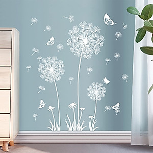 Buiory Dandelion Wall Decals Removable Flower Wall Stickers Peel and Stick Floral Butterfly Murals Dandelion Party Decoration for Bedroom Living Room Sofa Backdrop TV Dandelion Wall Decor (White)